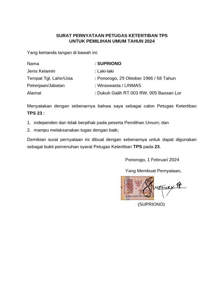 Surat Pernyataan Petugas Ketertiban TPS - 23 | PDF
