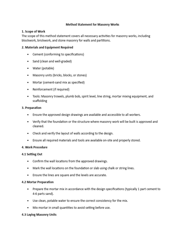 Masonry Work Method Statement | PDF | Masonry | Home & Garden