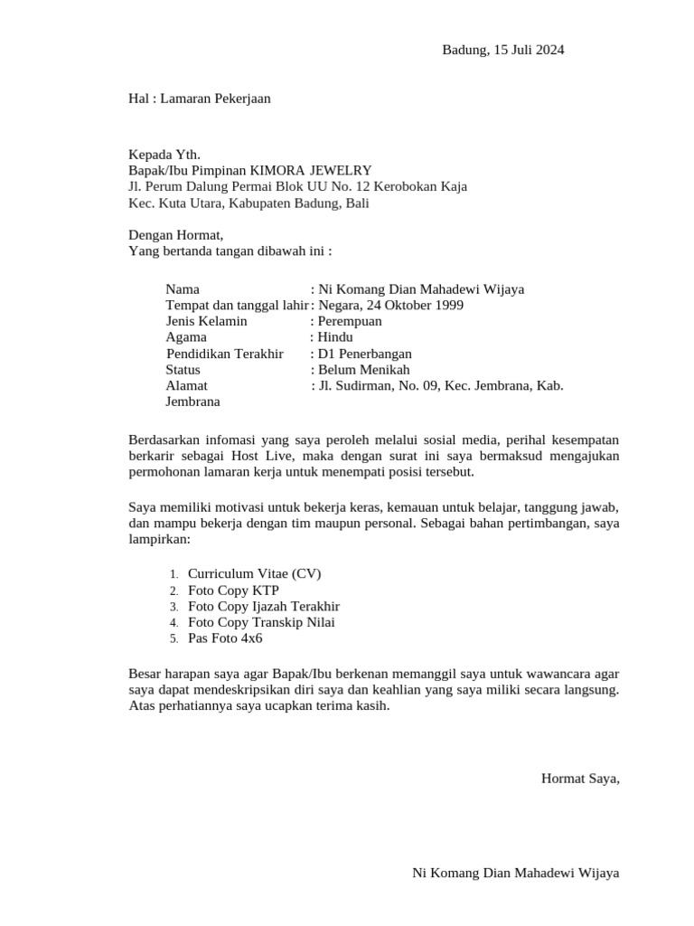 Lamaran - Kimora Jewelry - Ni Komang Dian Mahadewi Wijaya-3 | PDF