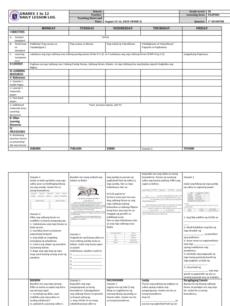 DLL Filipino 3 q1 w3 | PDF