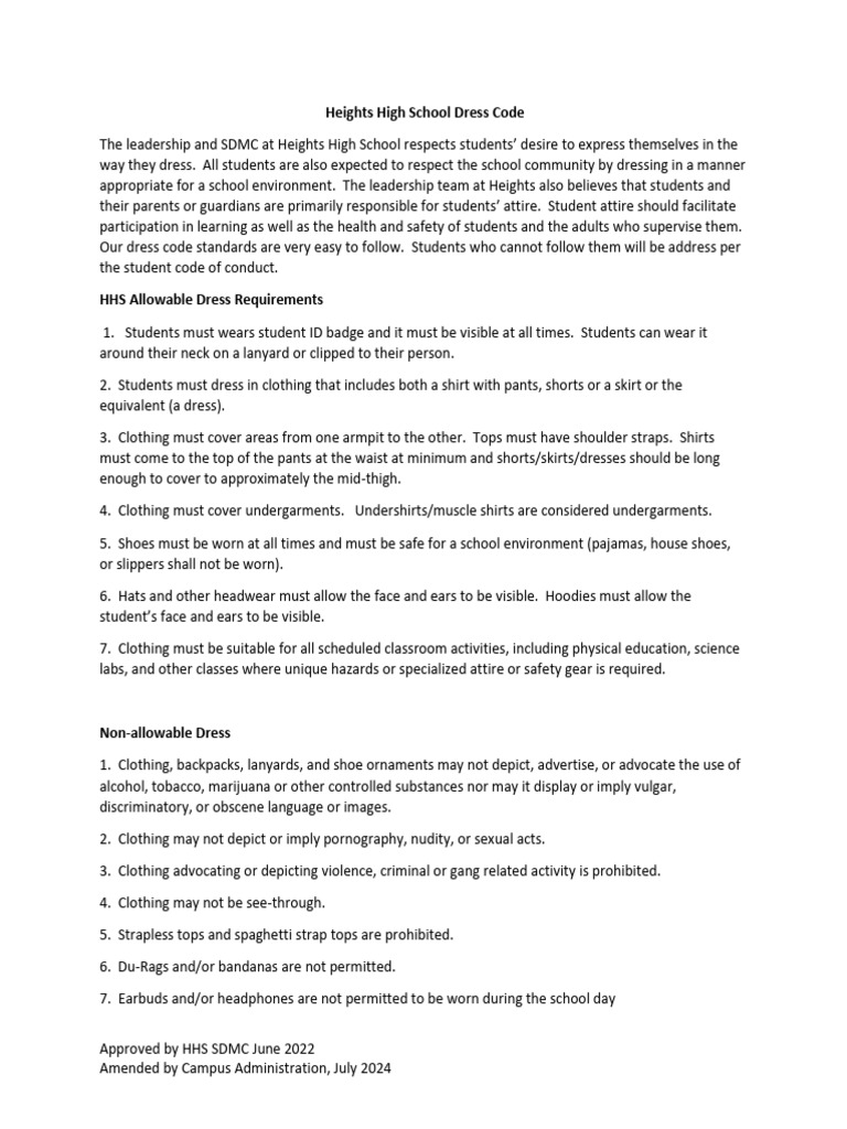 Heights High School Dress Code As of August 9 2024 | PDF