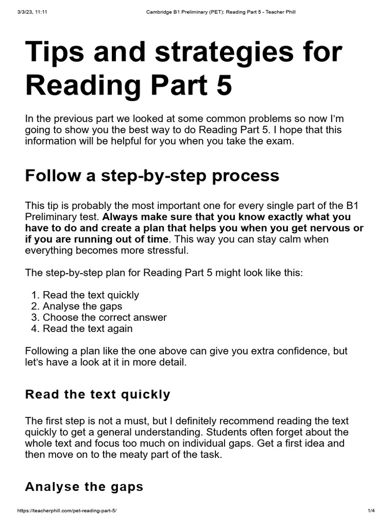 Cambridge B1 Preliminary (PET) - Reading Part 5 - Teacher Phill | PDF