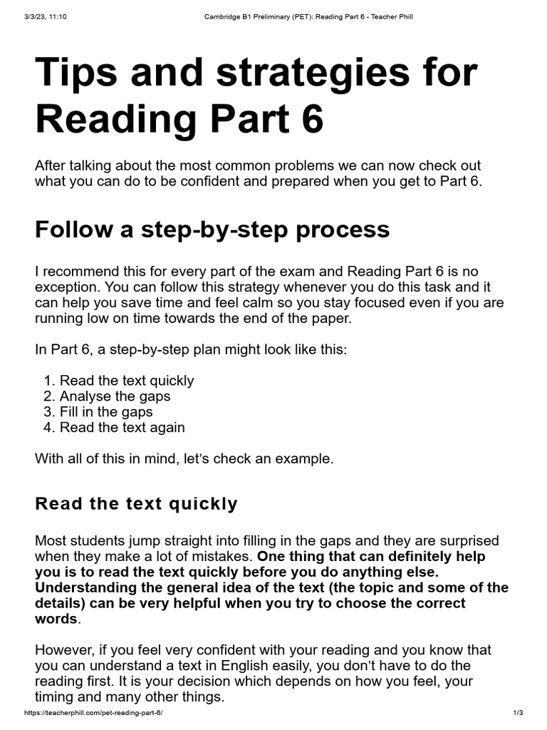 Cambridge B1 Preliminary (PET) - Reading Part 6 - Teacher Phill | PDF