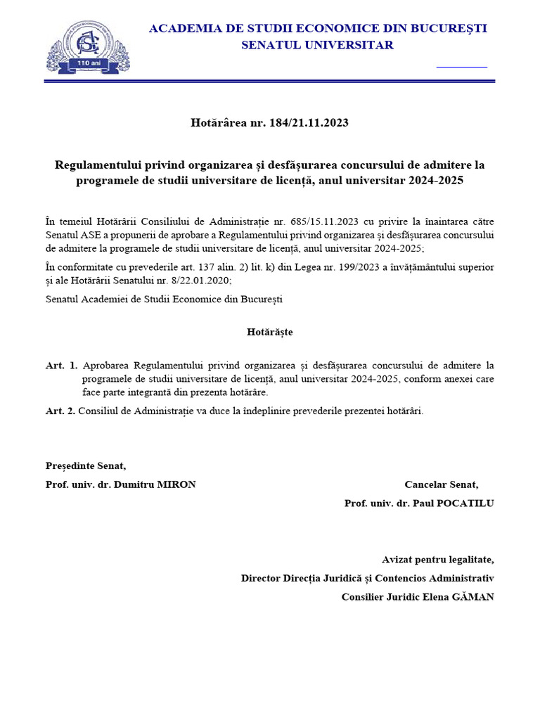 Hot - Senat Nr. 184 Din 21.11.2023 - Reg - Admitere Licenta - Rev | PDF