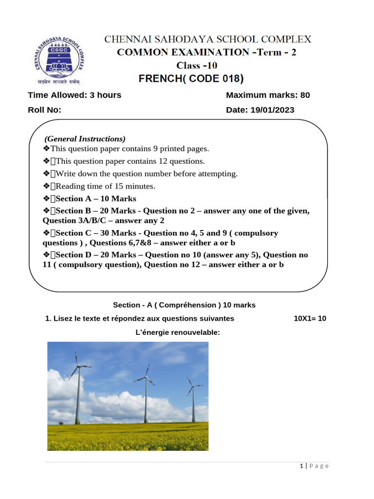 Class 10 - French - Sahodaya - 1 - QP | PDF