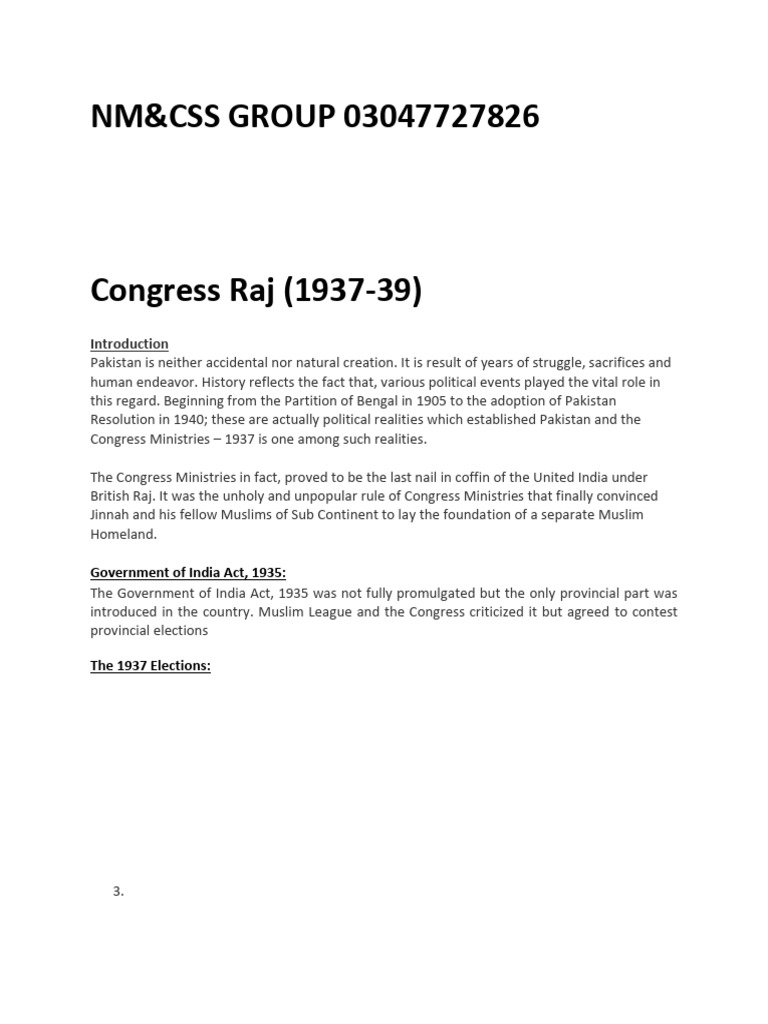 Pre Cogress Raj (1937-1939) | PDF