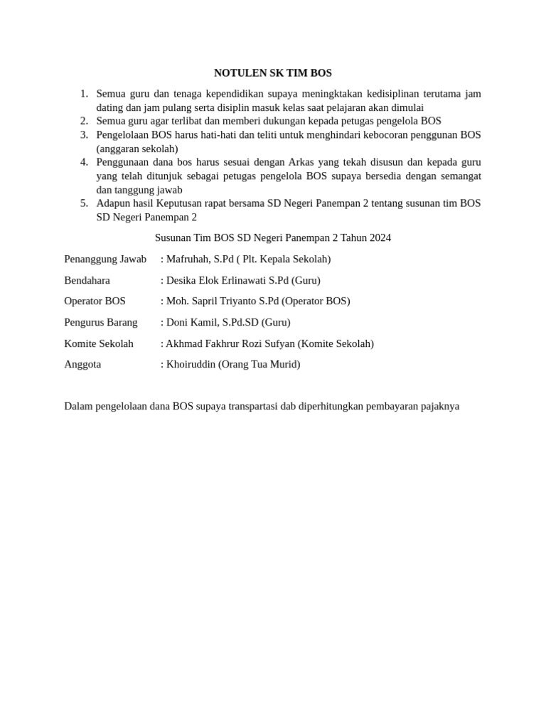 Notulen SK Tim Bos | PDF