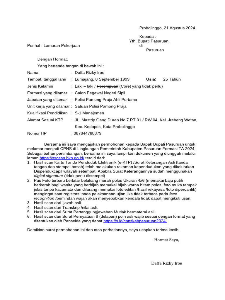 Surat Lamaran Pol PP Pasuruan | PDF
