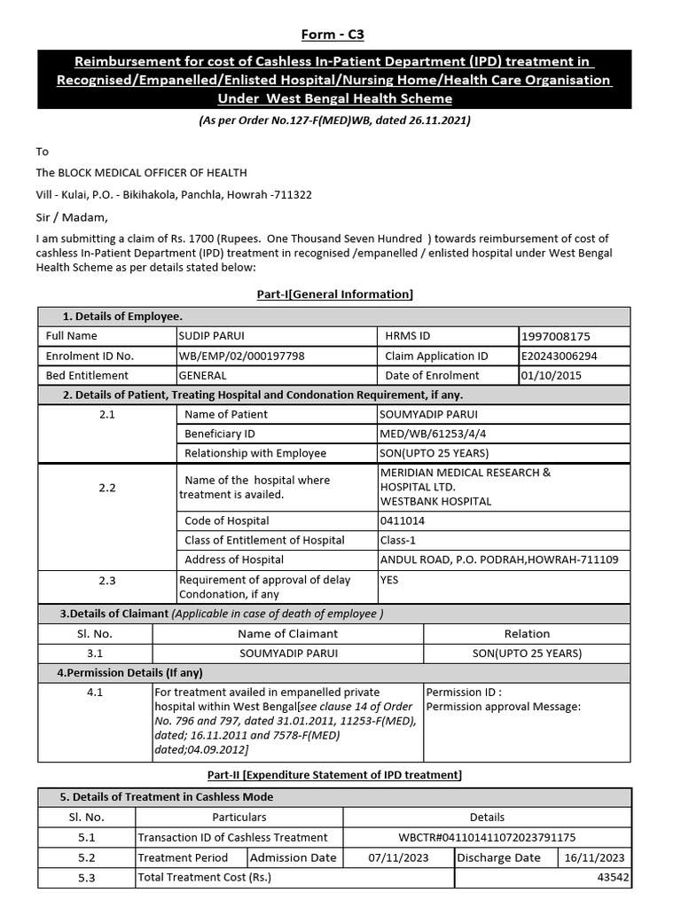 WBHS Carc Ipd App Form Emp | PDF