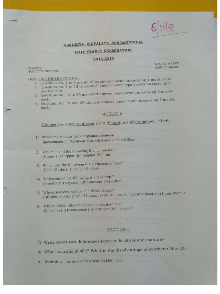 KV Class 8 HYE Half Yearly Exam Model Question Paper SCIENCE | PDF