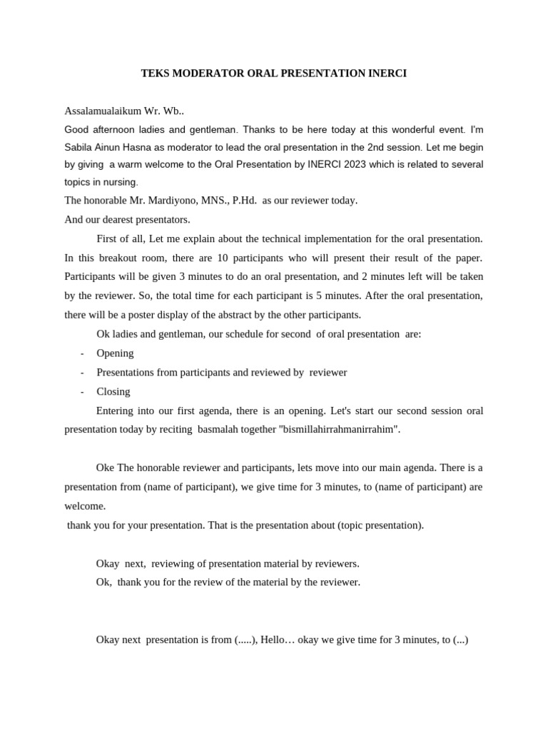 Teks Moderator Oral Presentasi Inerci | PDF