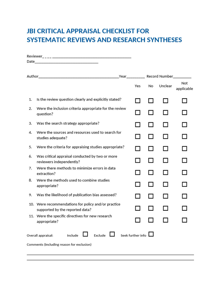 JBI Critical Appraisal Checklist For | PDF | Systematic Review | Cognition