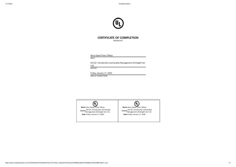 ICH Q7 Certificate | PDF