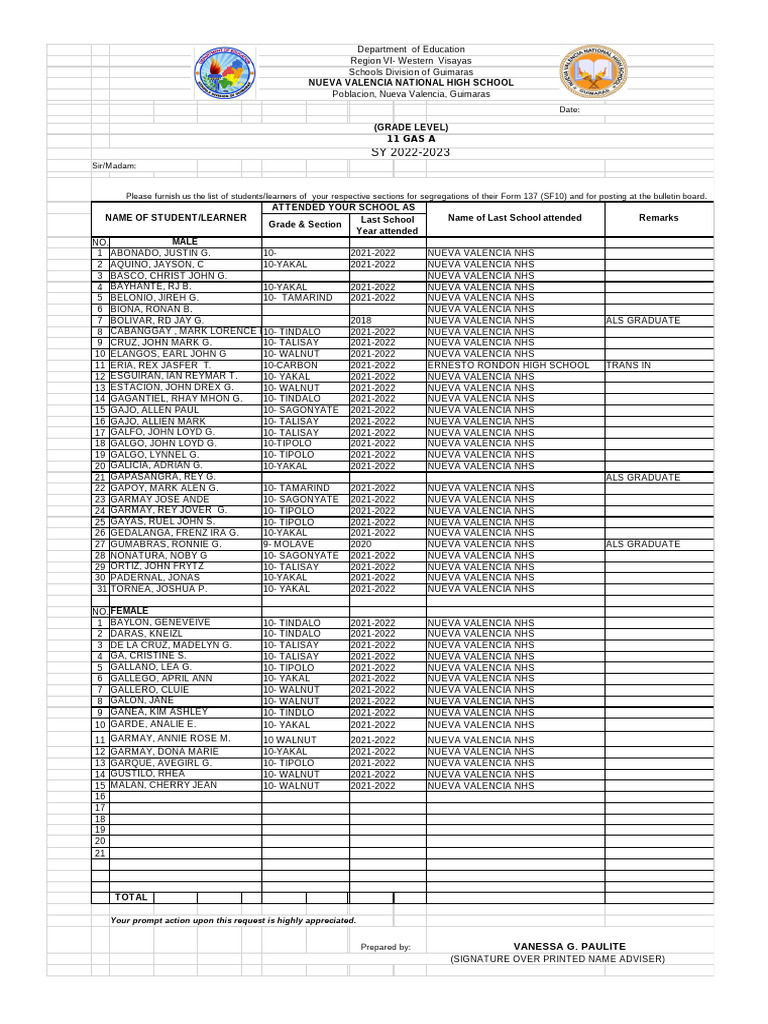 Request For Form 137 Sy 2022-2023 | PDF
