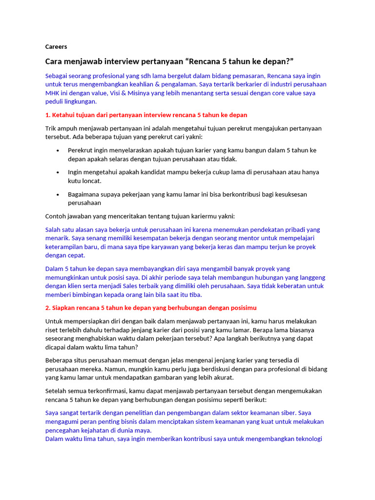 Cara Menjawab Interview Pertanyaan Rencana 5 Tahun Ke Depan | PDF