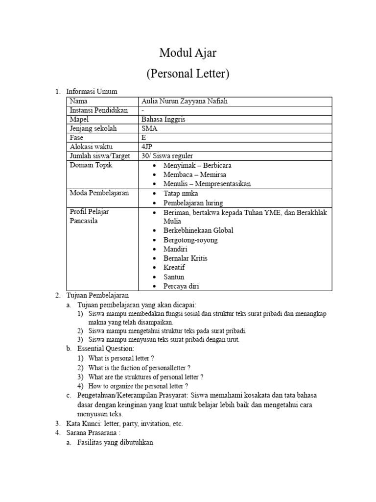 Modul Ajar Aulia-Personal Letter | PDF