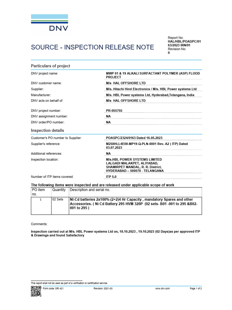 Source - Inspection Release Note | PDF