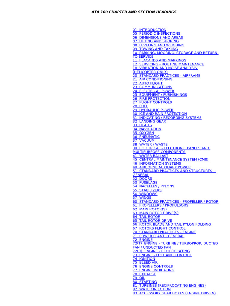 ATA 100 CHAPTER AND SECTION HEADINGS | PDF