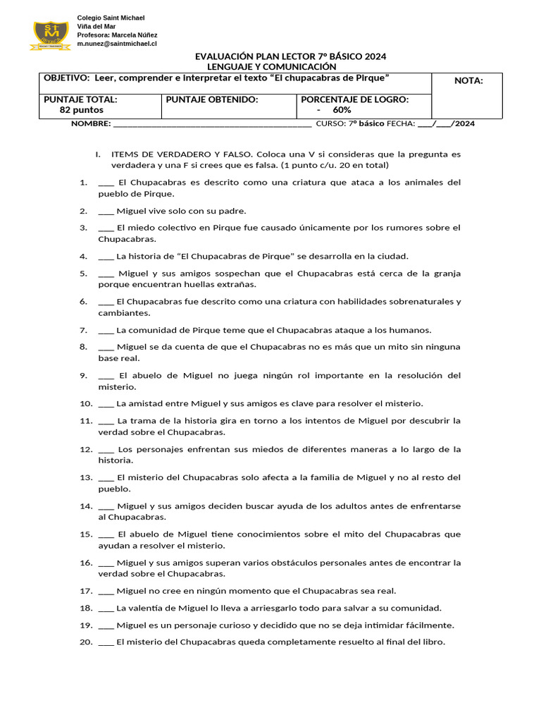 Evaluación Plan Lector 5 | PDF