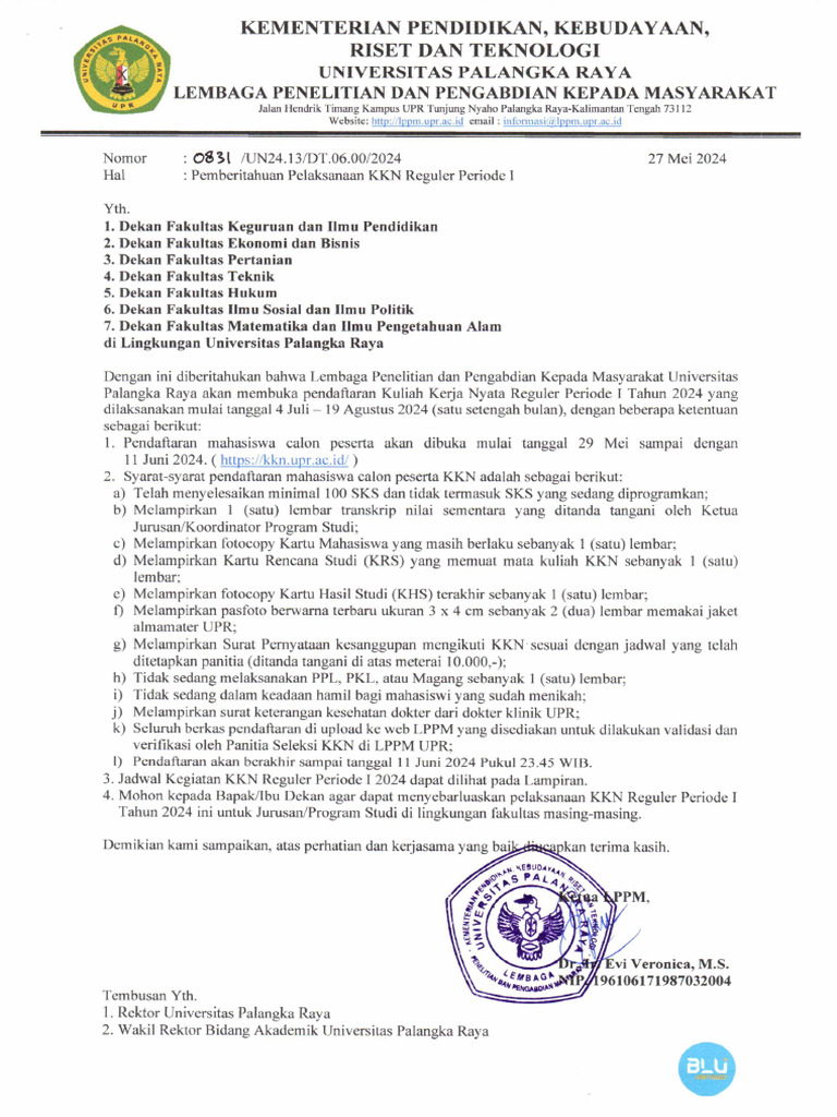 0831 Pengumuman KKN Reguler Periode I 2024 | PDF