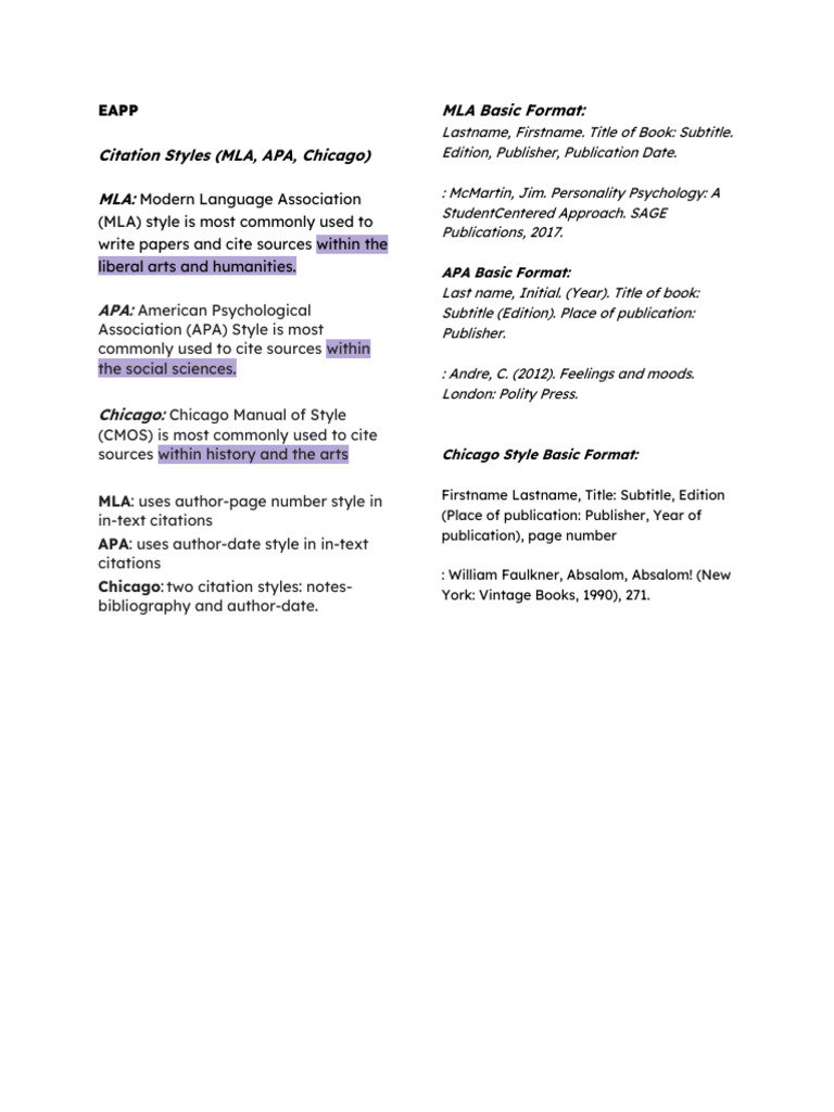 Eapp Citation Styles Reviewer Char | PDF