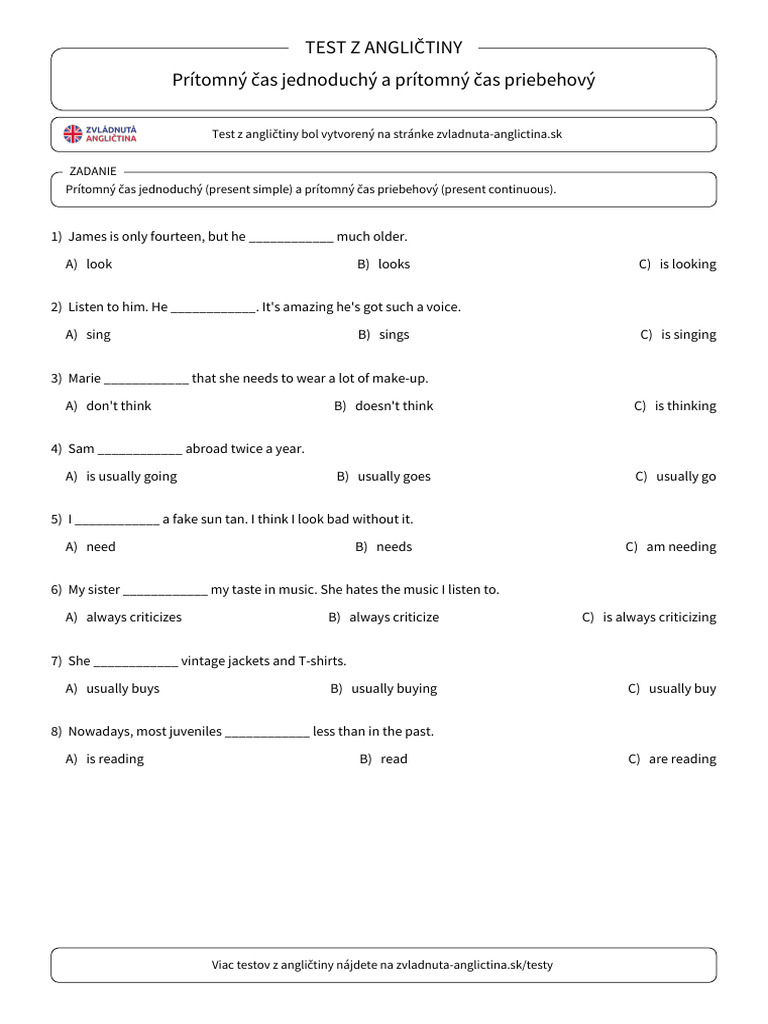 Pritomny Jednoduchy A Priebehovy Cas Test Testy Z Anglictiny Zvladnuta ...