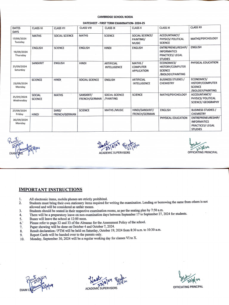 Date Sheet Term 1 2024-2025 | PDF