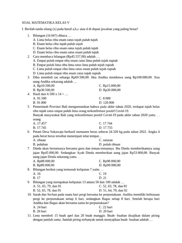 SOAL MATEMATIKA KELAS V | PDF