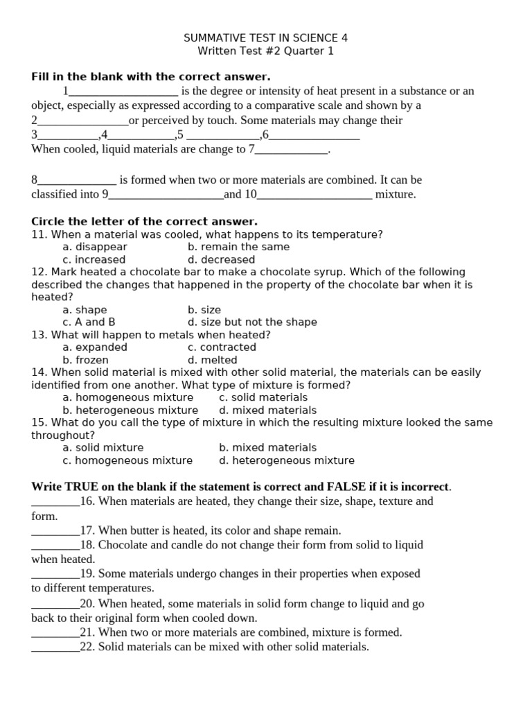 Summative Test 2 in Science 4 | PDF | Mixture | Homogeneity And ...
