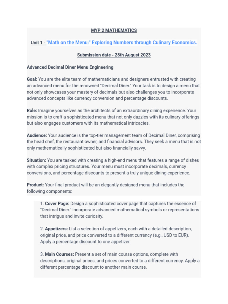 MYP 2 Maths GRASPS Task - Numbers | PDF | Menu | Restaurants