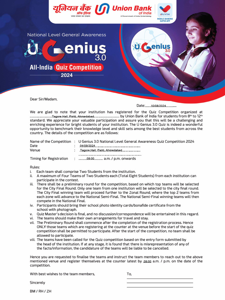 UGenius Letter - Venue Intimation Letter - English - Final - Editable | PDF