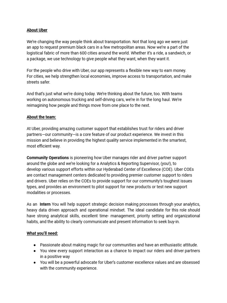 2024-25 Business Analyst Intern JD - Uber India, University | PDF