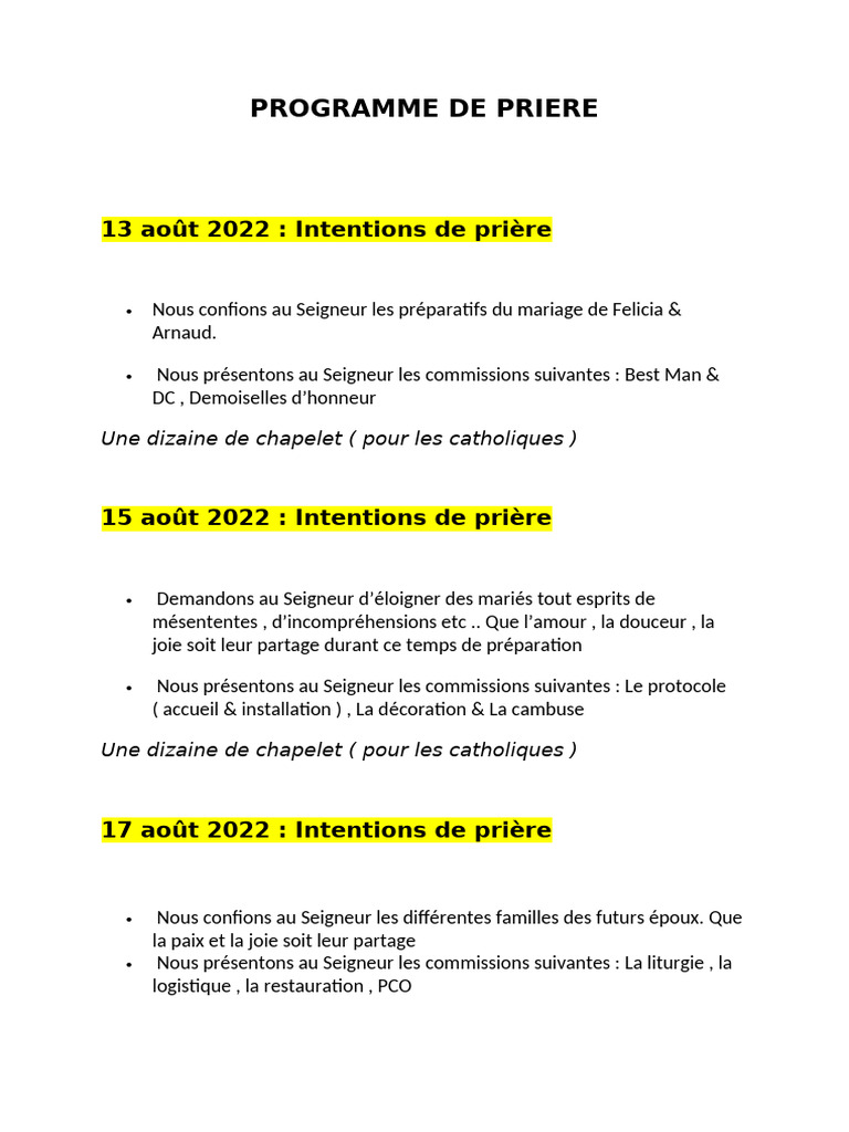 Programme de Priere | PDF