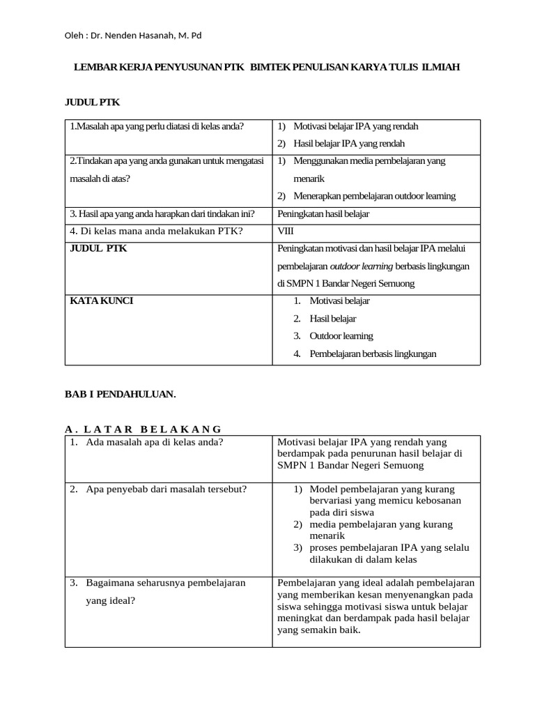 LEMBAR KERJA PTK bimtek Didamba 1 | PDF