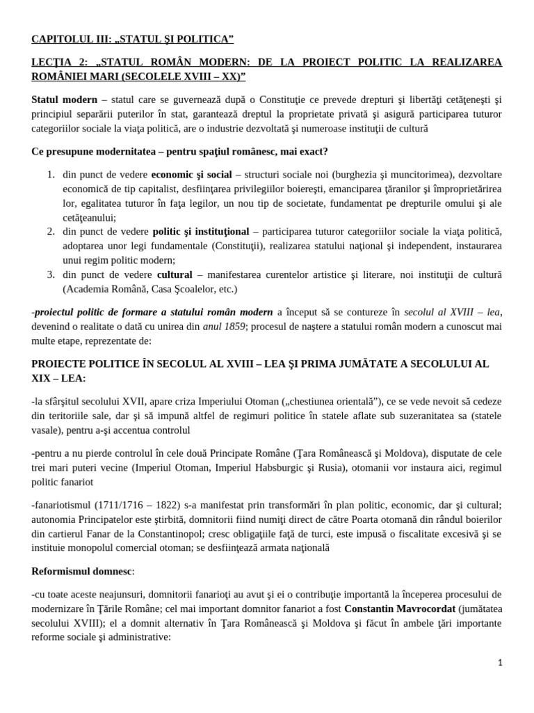 Statul Român Modern-De La Proiect Politic La Realizarea României Mari (Secolele XVIII-XX) | PDF