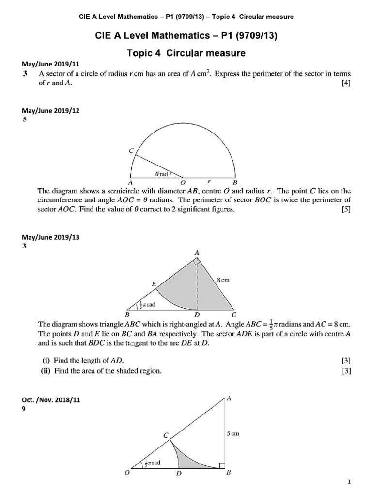 worksheet Pure math topic 4 circular measure | PDF