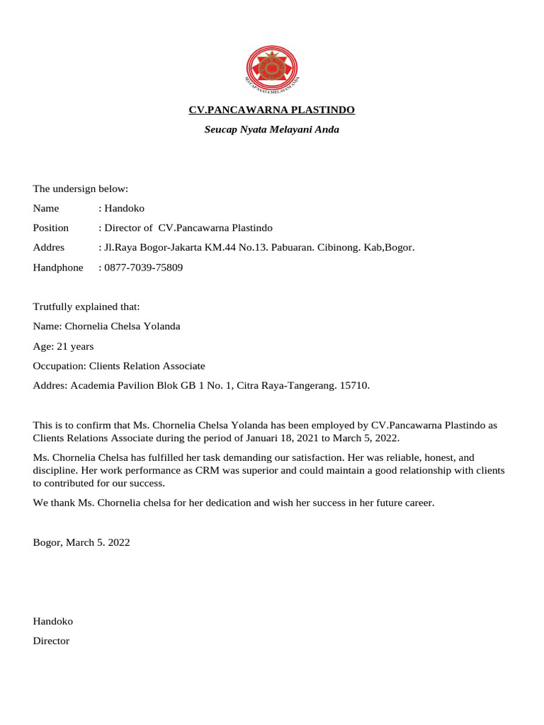 Contoh Surat Paklaring Bahasa Inggris 5 | PDF