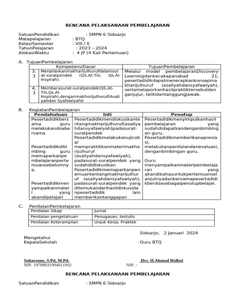 RPP BTQ VIII Smes 2 Abah 23-24 1 Lembar | PDF