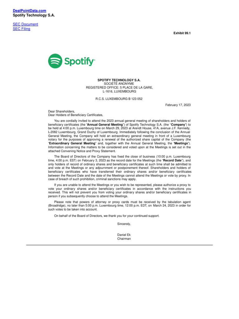 Spotify Technology S A Annual 20230217 | PDF
