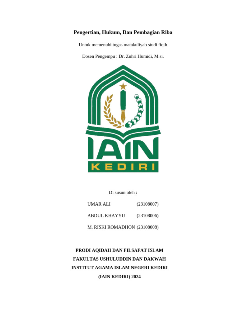 S. FIQIH (PENGERTIAN,HUUKUM,DAN PEMBAGIAN RIBA) | PDF