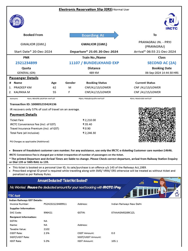 Bundelkhand Exp Second Ac (2A) : Electronic Reserva On Slip (ERS) | PDF