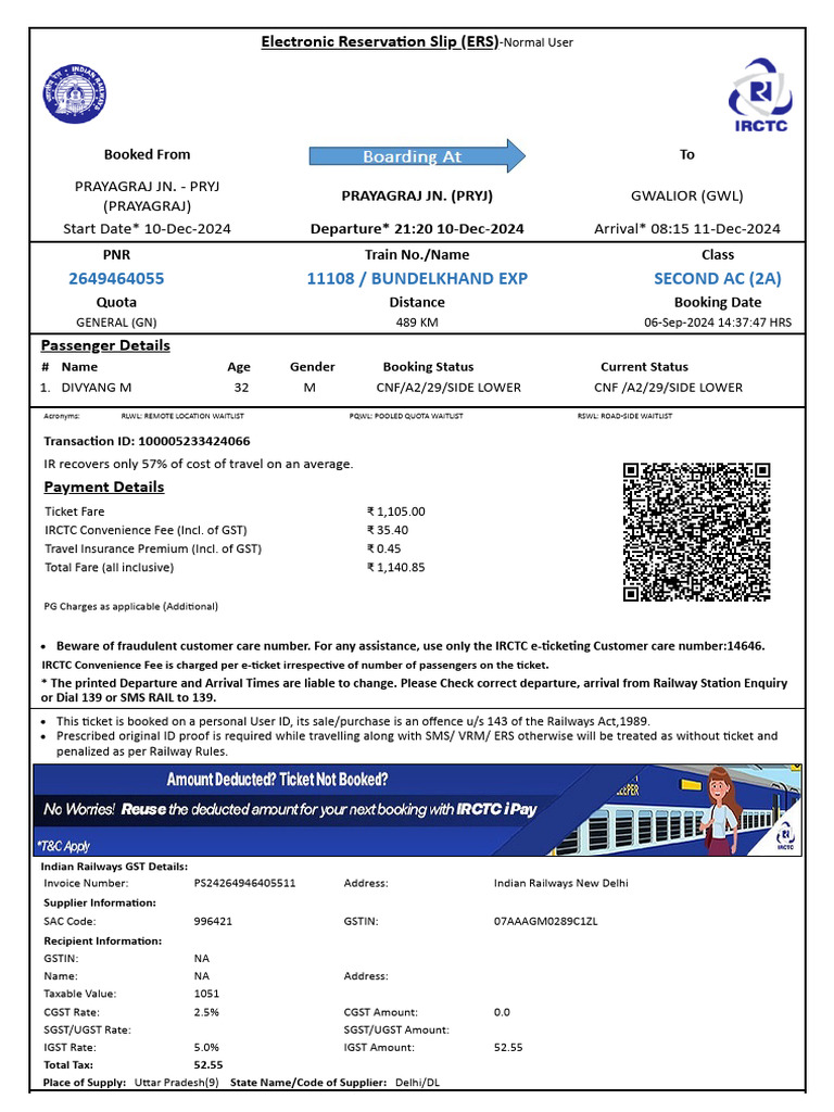 Bundelkhand Exp Second Ac (2A) : Electronic Reserva On Slip (ERS) | PDF