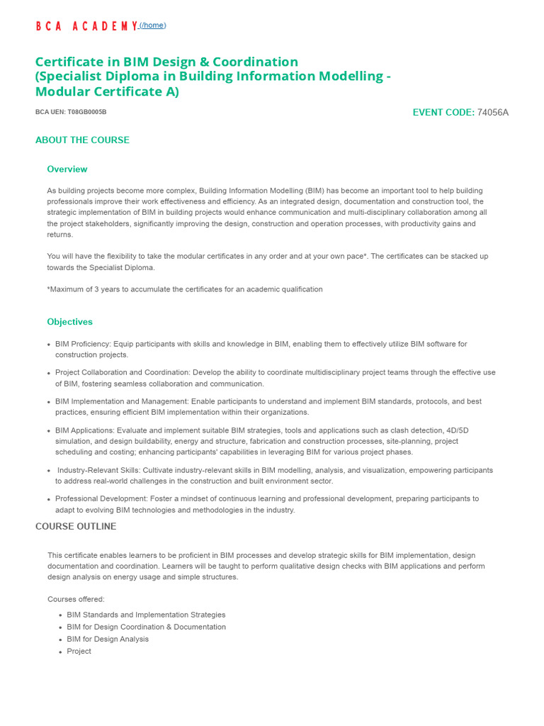 Certificate in BIM Design & Coordination - BCA Academy | PDF | Building Information Modeling