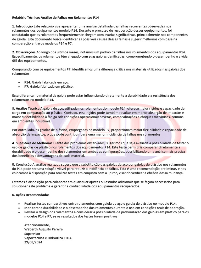 Relatório - Análise de Falhas em Rolamentos P14 | PDF