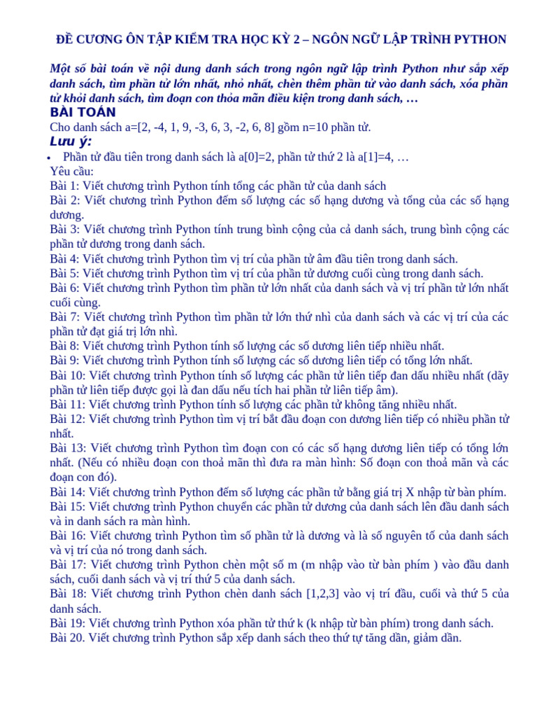 đề cương thi kỳ 2 - Python - danh sách | PDF