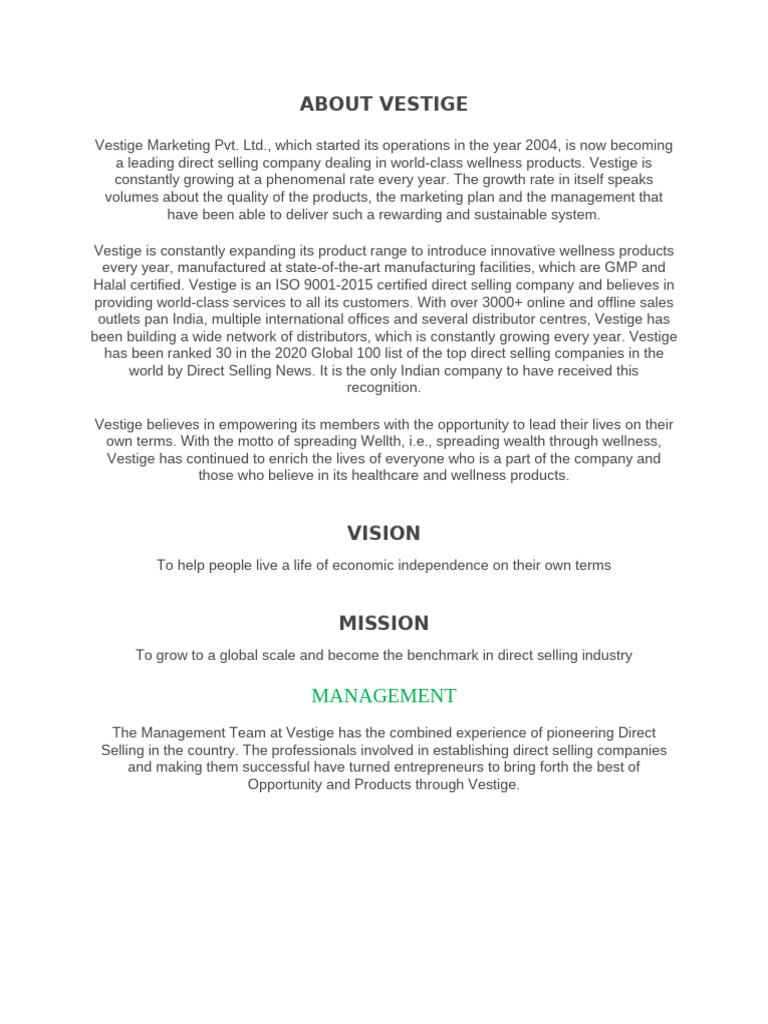 About Vestige: Management | PDF