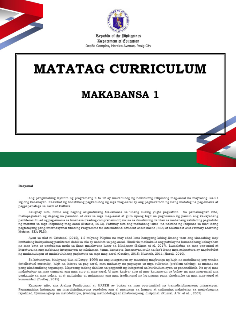 Makabansa 1: Matatag Curriculum Overview | PDF | Cognition