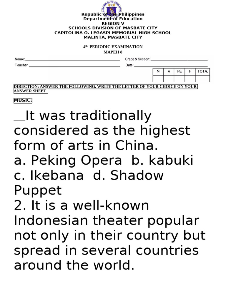 MAPEH 8 Periodic Exam Questions | PDF | Smoking | Puppets