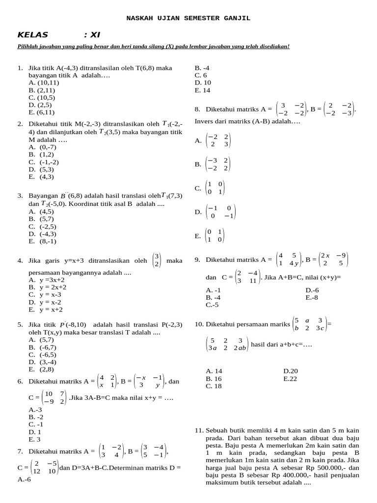 Soal ML Uas Mat Wajib Xi Ganjil 22 | PDF