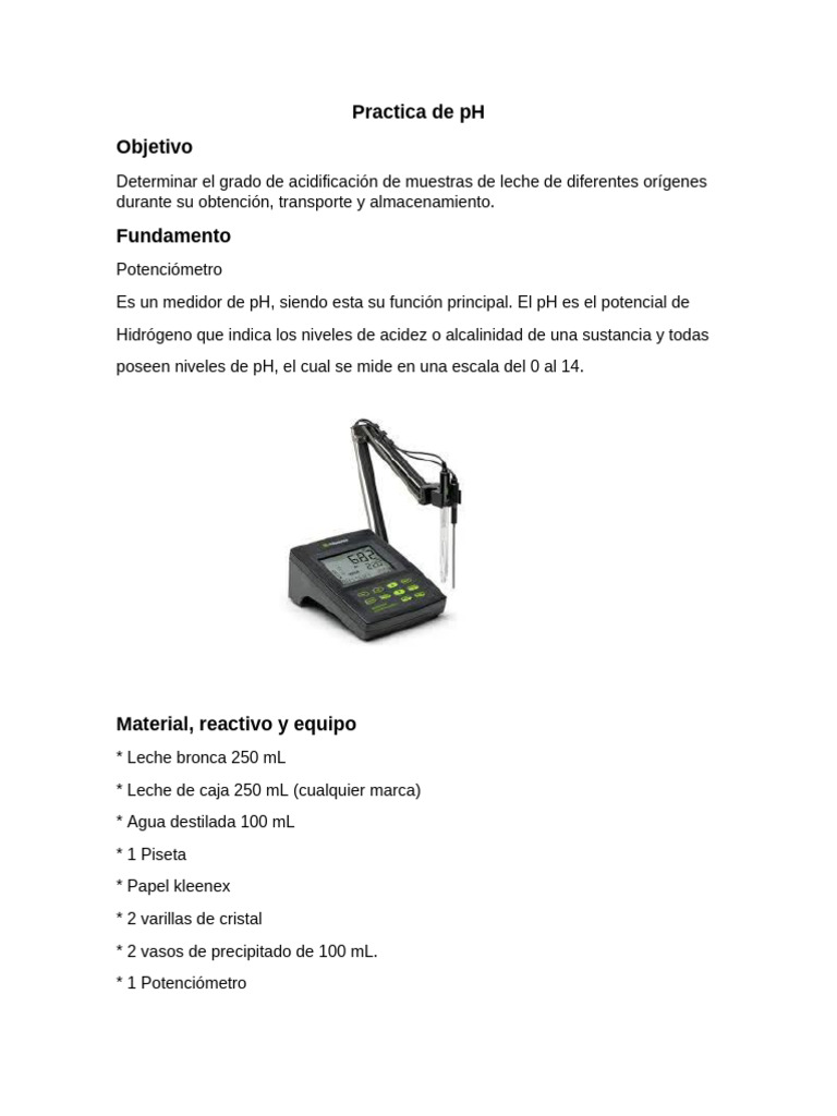Practica de PH Objetivo | PDF | Leche | Cocina, comidas y vino
